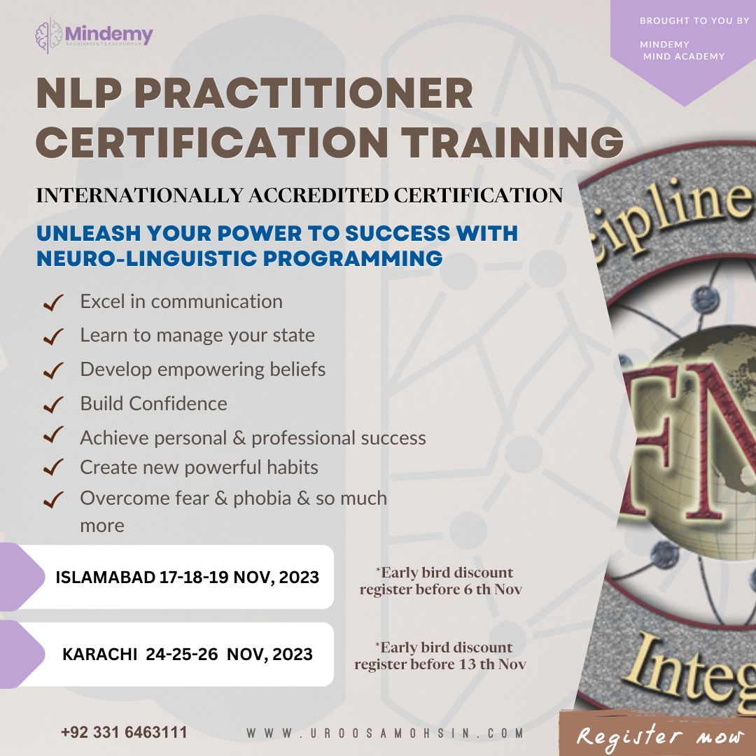 NLP TRAINING IN ISLAMABAD & KARACHI – NOV 2023 – Uroosa Mohsin